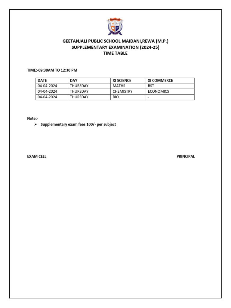 Supplementary Exam Time Table 2024 | PDF