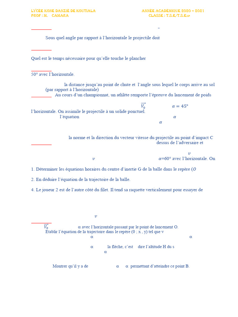 Exercice sur le mouvement des projectiles | PDF | Vitesse | Mécanique