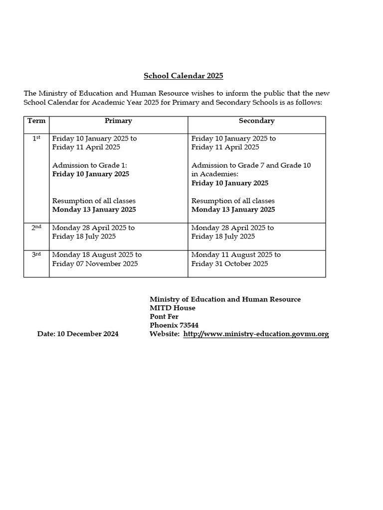 Communique School Calendar 2025 | PDF