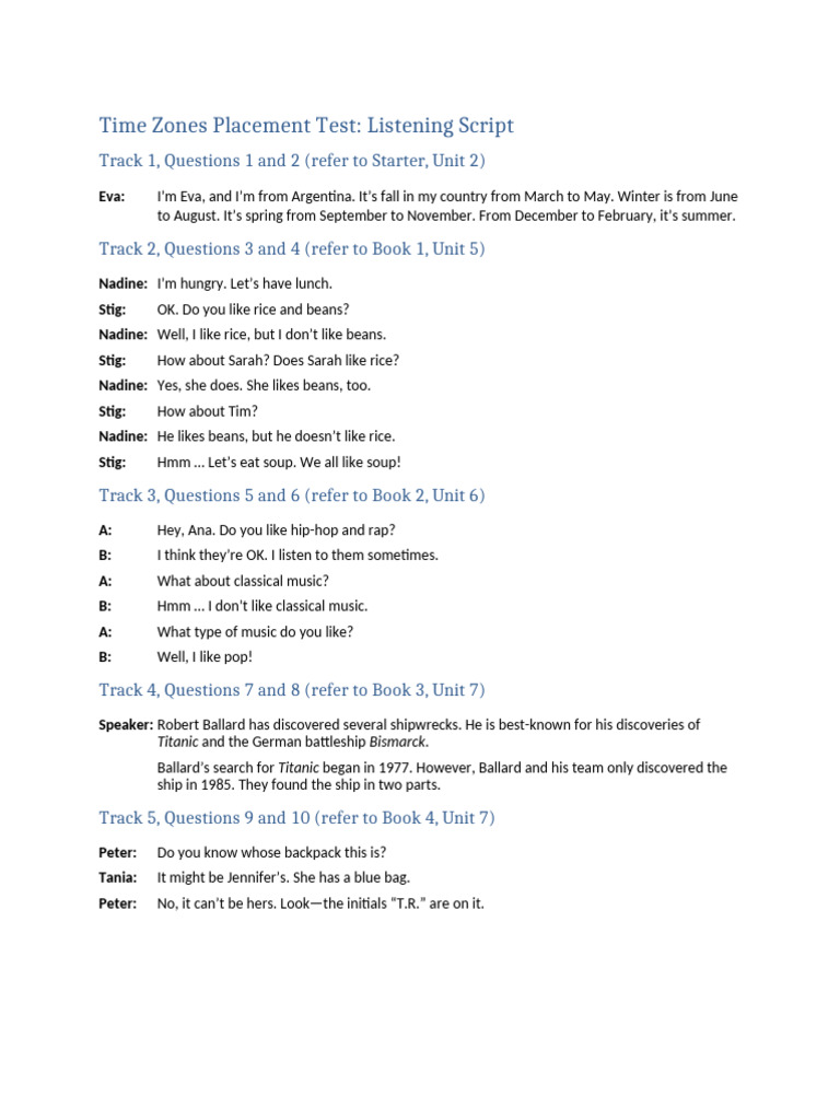 Time Zones 3e Placement Test Audio Script | PDF