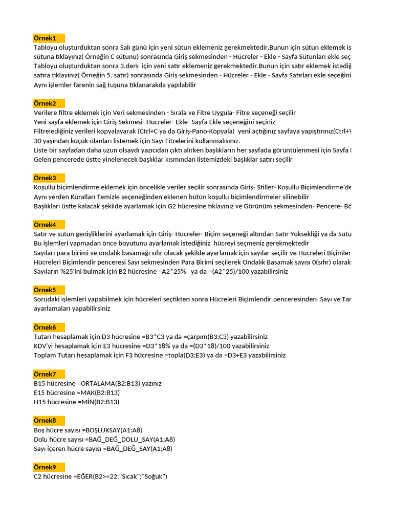 Excel GenelTekrar Örnekleri (1) | PDF Excel GenelTekrar Örnekleri (1) | PDF
