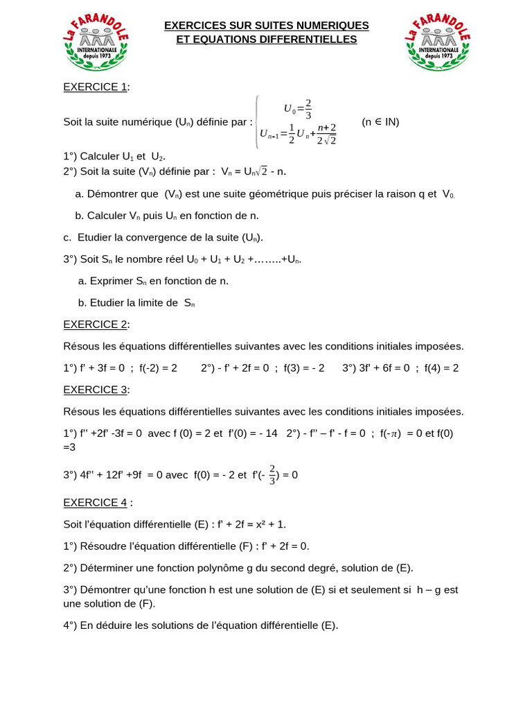 Exercices sur suites et équations différen­tielles | PDF