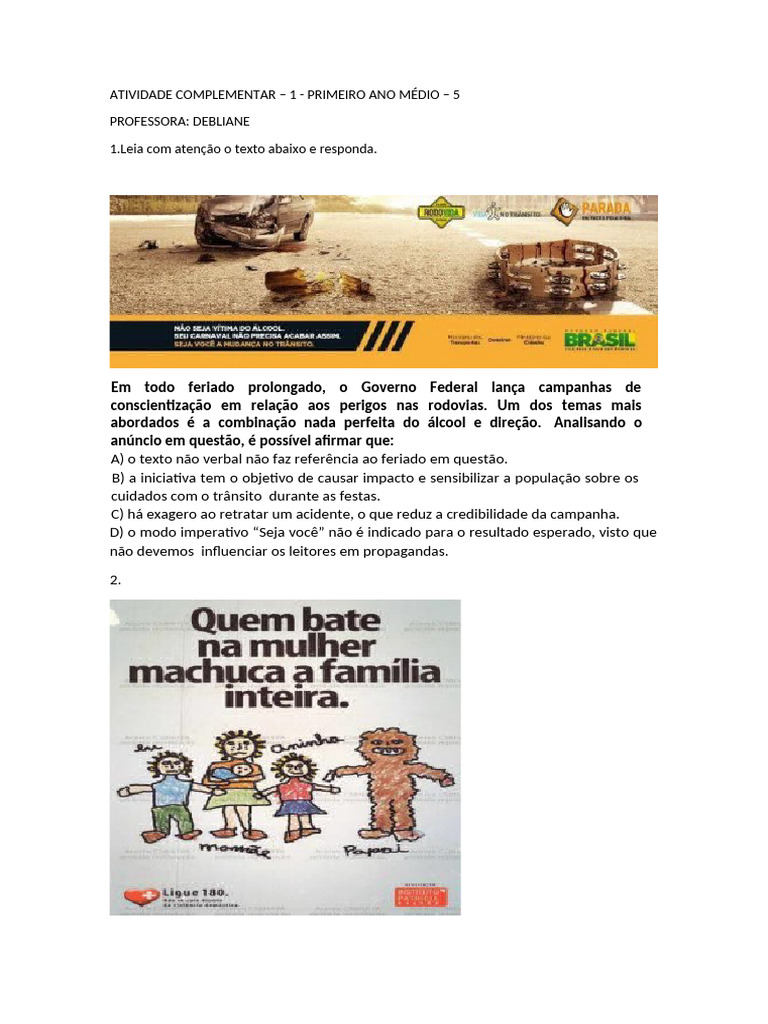 ATIVIDADE COMPLEMENTAR PRIMEIRO ANO MÉDIO - Primeiro Bimestre | PDF ...