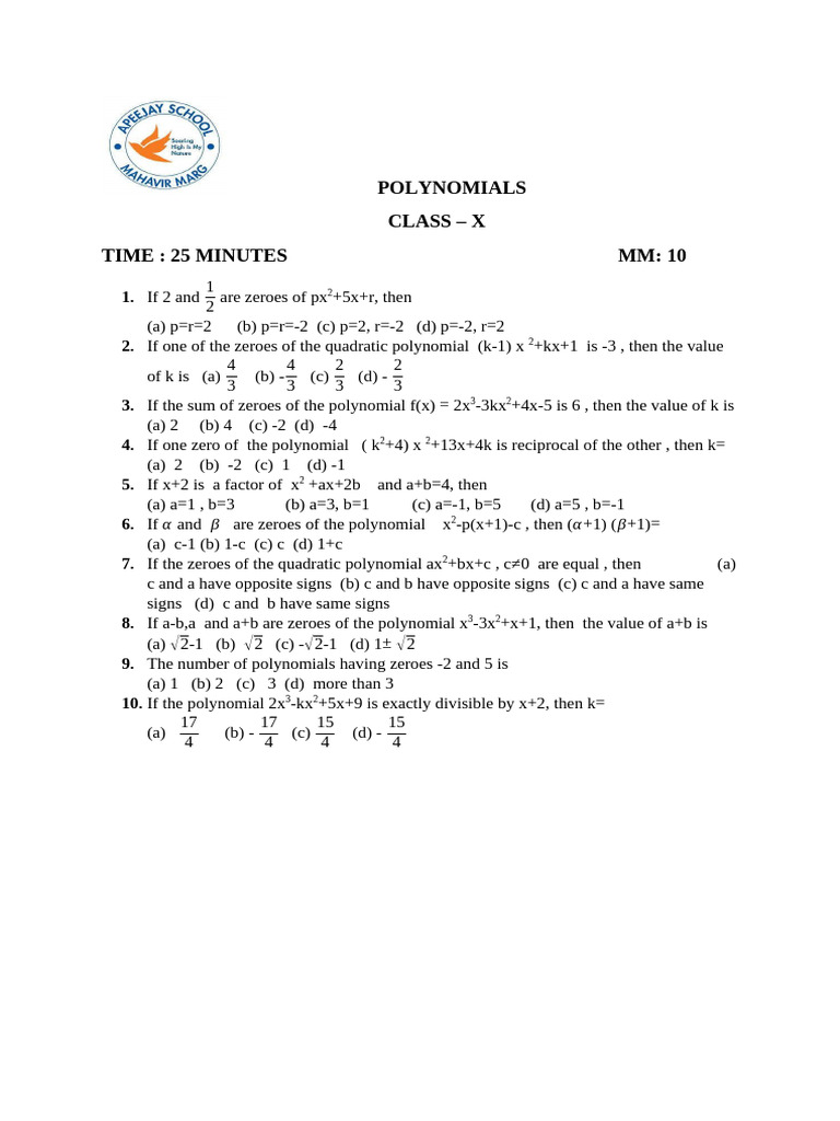 Polynomials MCQ Class X | PDF