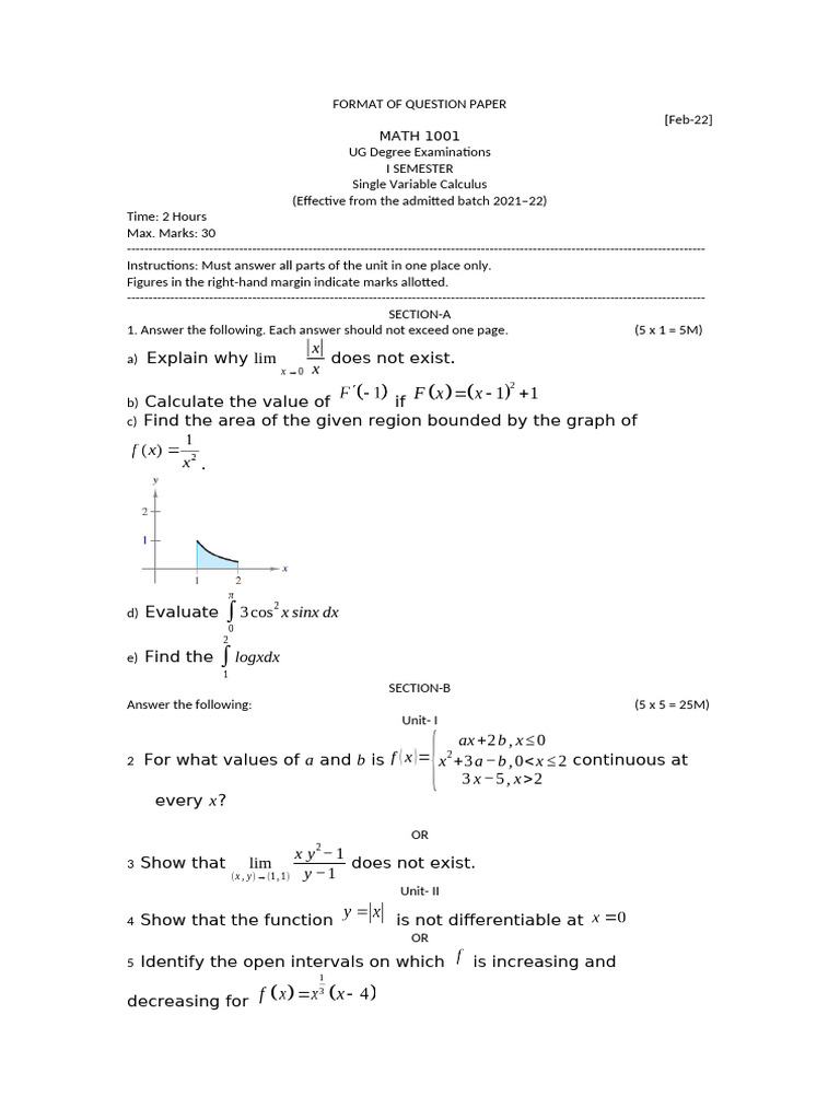 Model Paper For Cal1 (Single Variable Calculus 1) | PDF | Function ...
