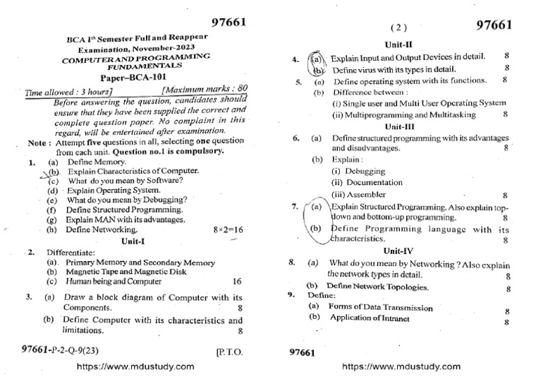 Bca 1 Sem Computer and Programming Fundamentals 97661 Nov 2023 | PDF