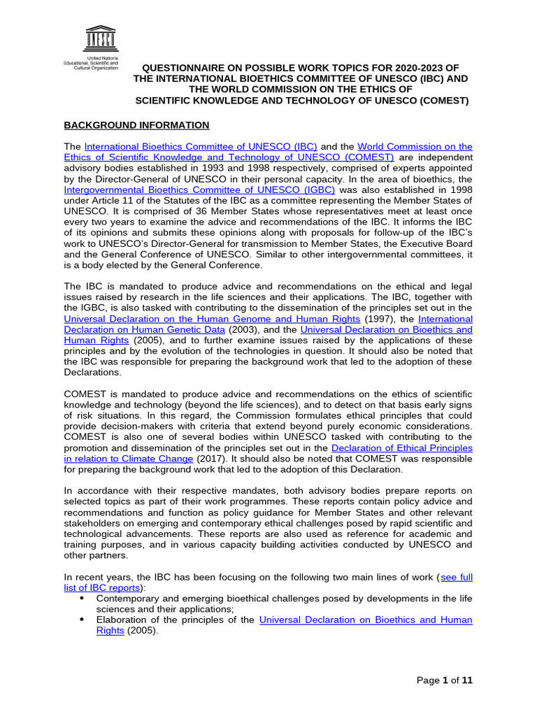 UNESCO Bioethics Committee Work Topics 2020-2023 | PDF | Bioethics