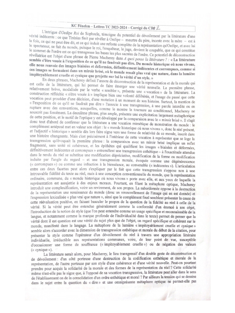 Corrigé CB2 Lettres Fénelon KC | PDF