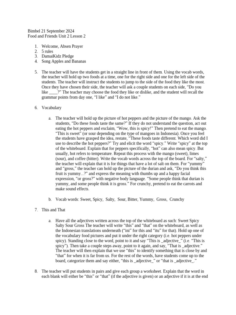 Unit 1 Lesson 2 Food and Friends | PDF | Taste | Foods