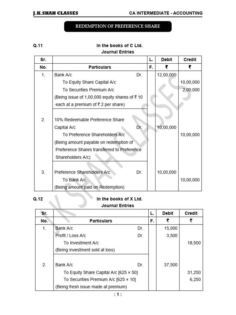 Journal Entries for Preference Share Redemption | PDF | Equity (Finance ...