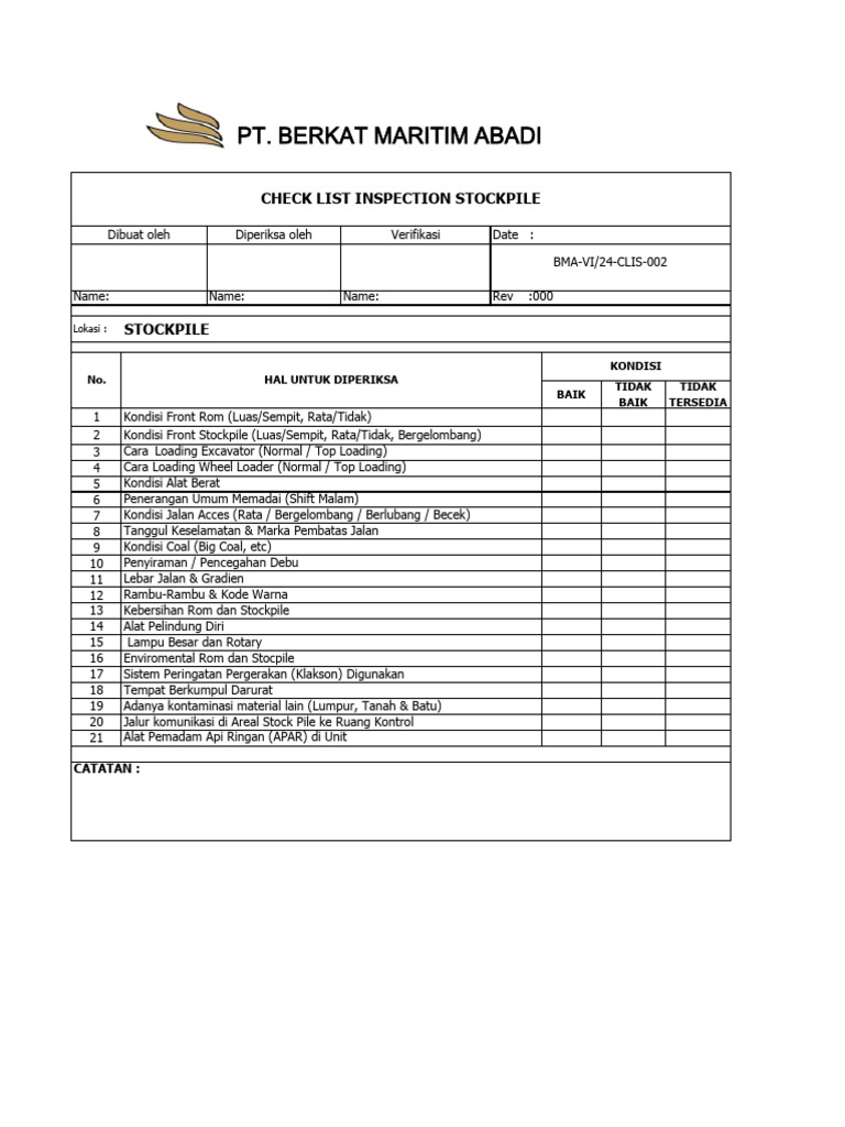 Checklist Inspeksi Stockpile PT BMA | PDF