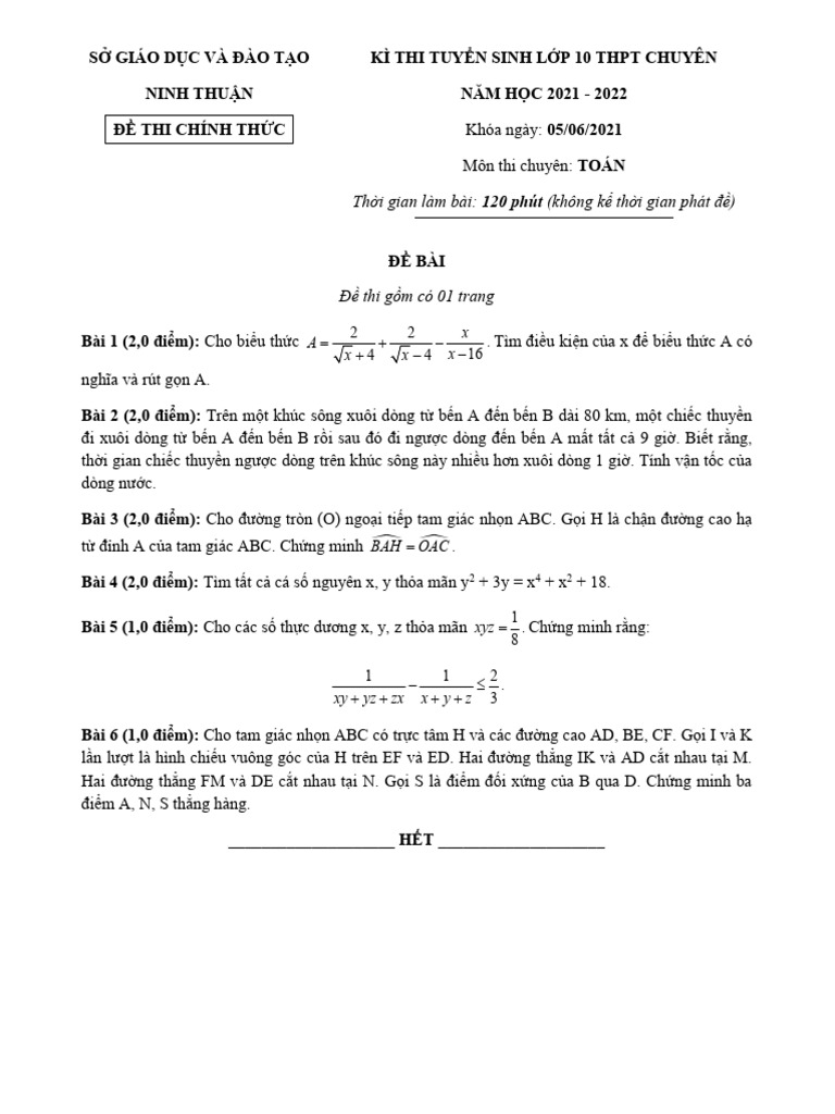 De Tuyen Sinh Lop 10 Chuyen Mon Toan Nam 2021 2022 So GDDT Ninh Thuan | PDF