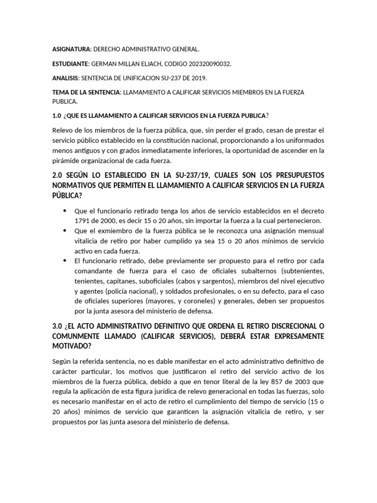 ensayo analisis sentencia su 237 de 2019 | PDF | Jurisdicción | Oficial (Fuerzas Armadas)