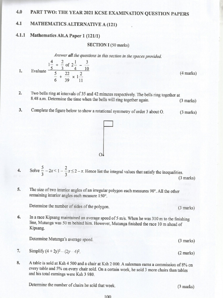 Kcse 2021 Maths Alt.a Pp1 Pp2 Questions | PDF