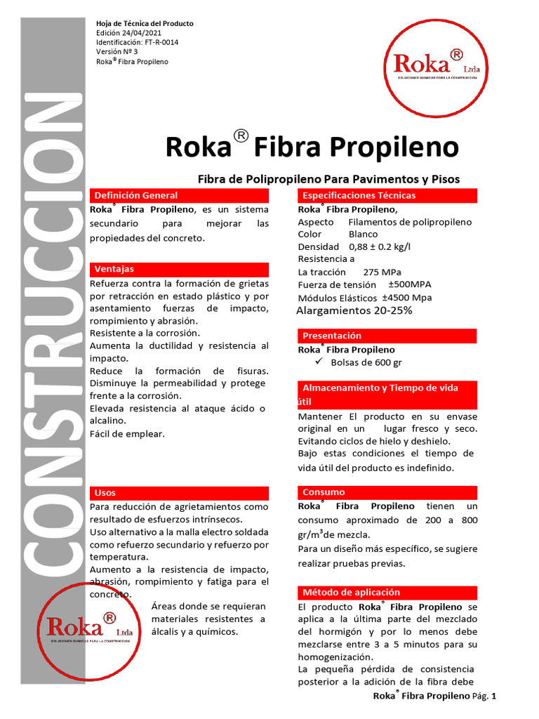 FT-R-0014 Roka Fibra Propileno | PDF | Hormigón | Fatiga (material)