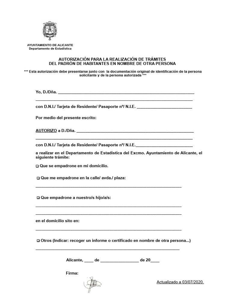 Modelo Autorizacion Realizacion Tramites Del Padron Habitantes Nombre ...