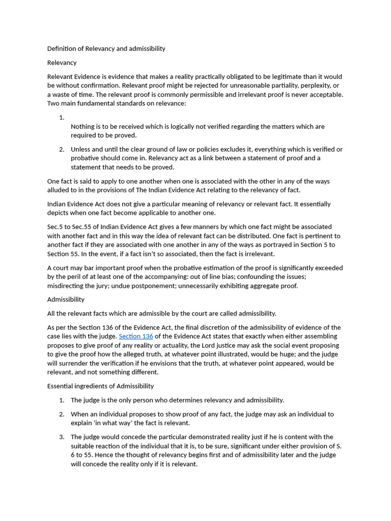 Definition of Relevancy and Admissibility | PDF | Evidence (Law ...
