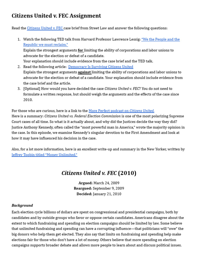Citizens United Assignment | PDF | Citizens United V. Fec | Political ...