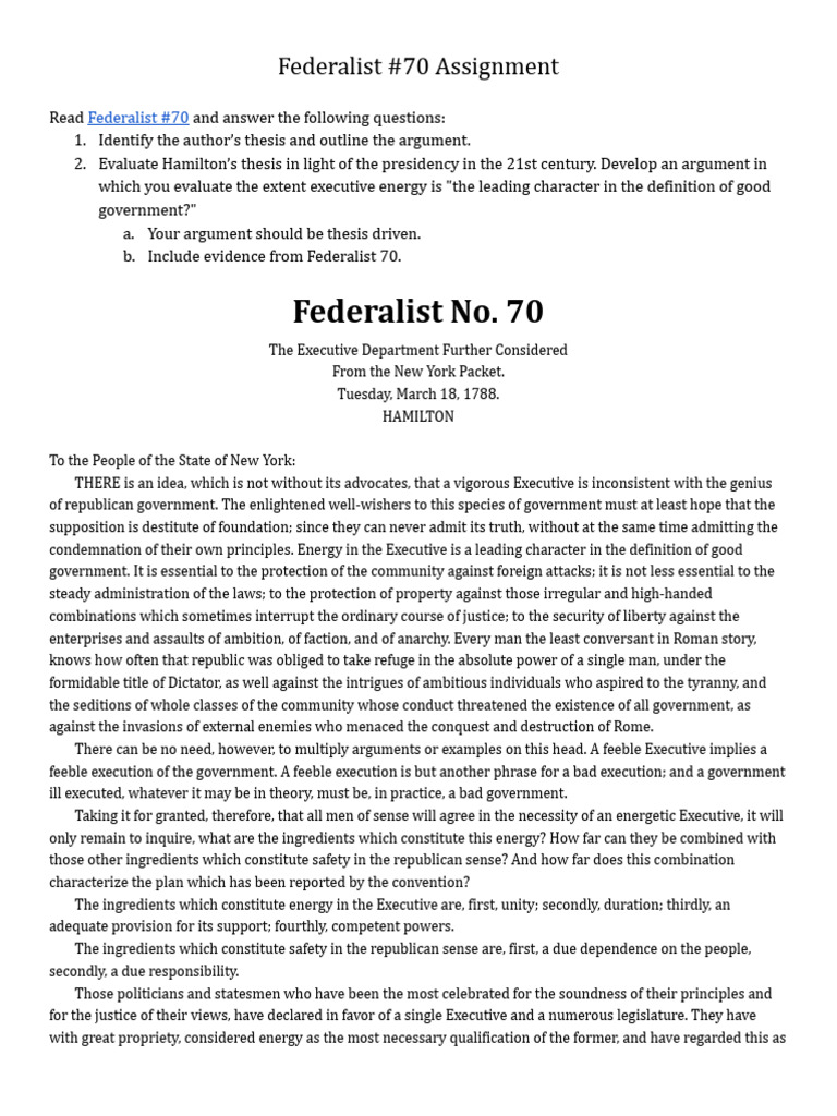 Federalist #70 Assignment | PDF | Federalist Party | Republic