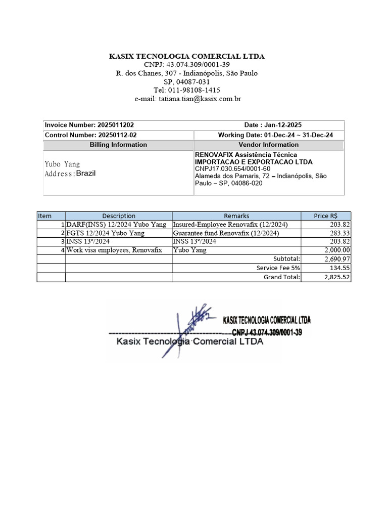 0 - Invoice No.2025011202 12-01-2025 Kasix Yubo Yang Assi | PDF