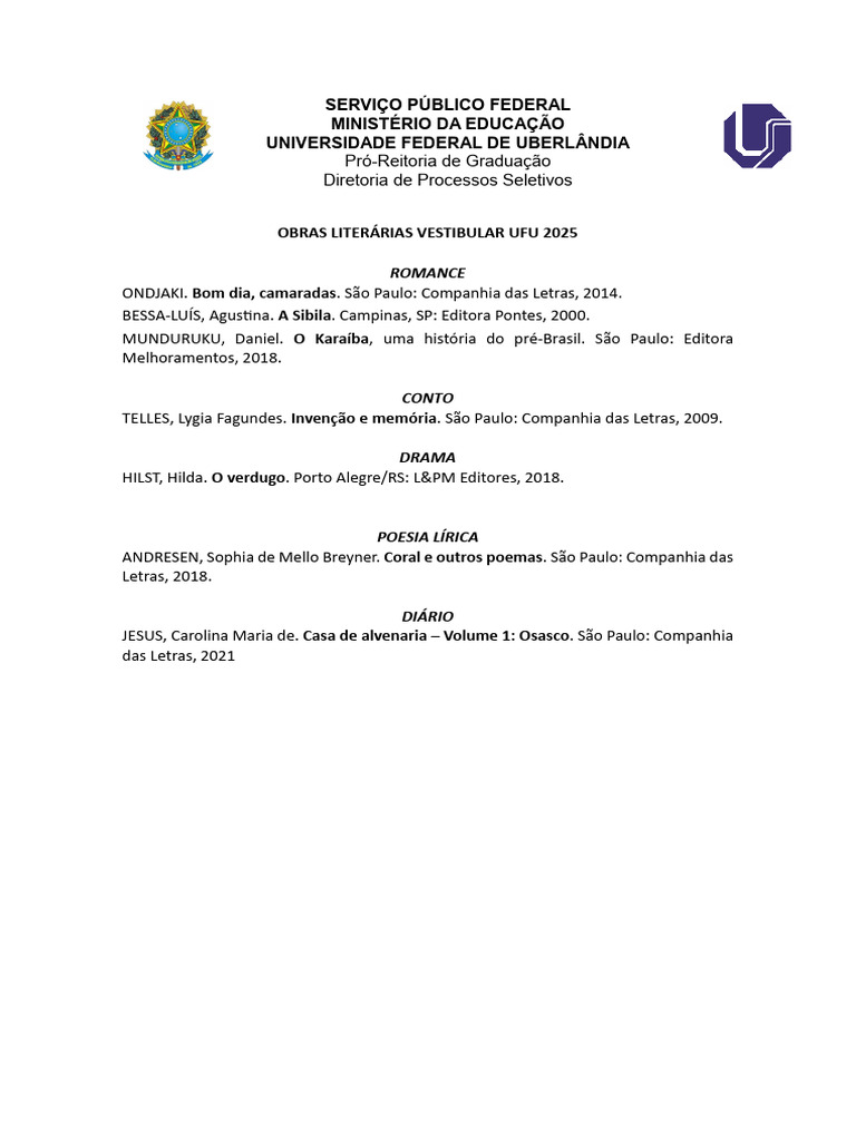Obras Literarias Ufu 2025 | PDF