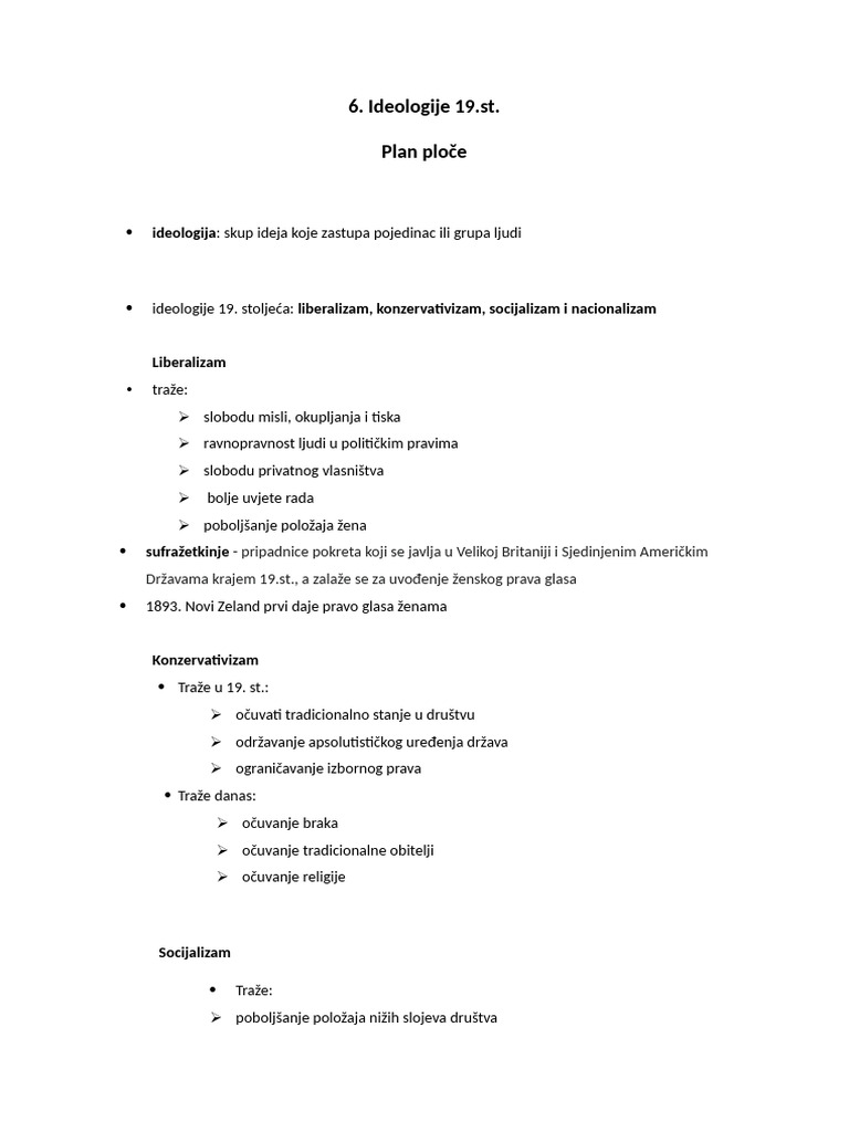 Ideologije 19.st. Plan Ploče | PDF