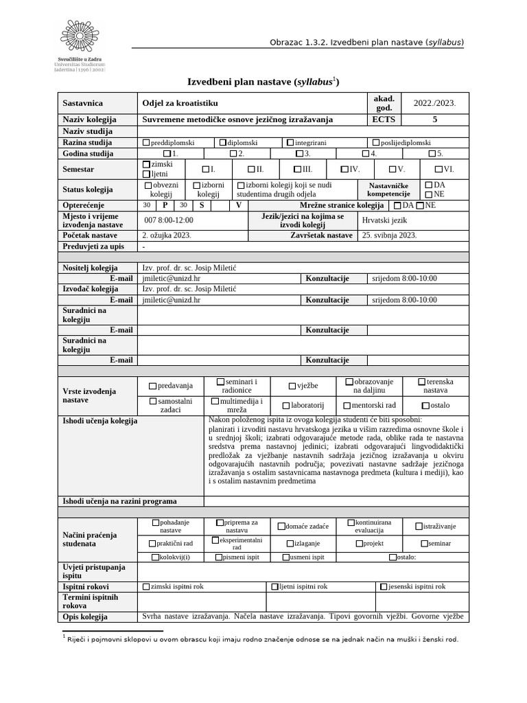 Suvremene Metodicke Osnove Jezicnog Izrazavanja 2022 2023 Izvedbeni Plan | PDF