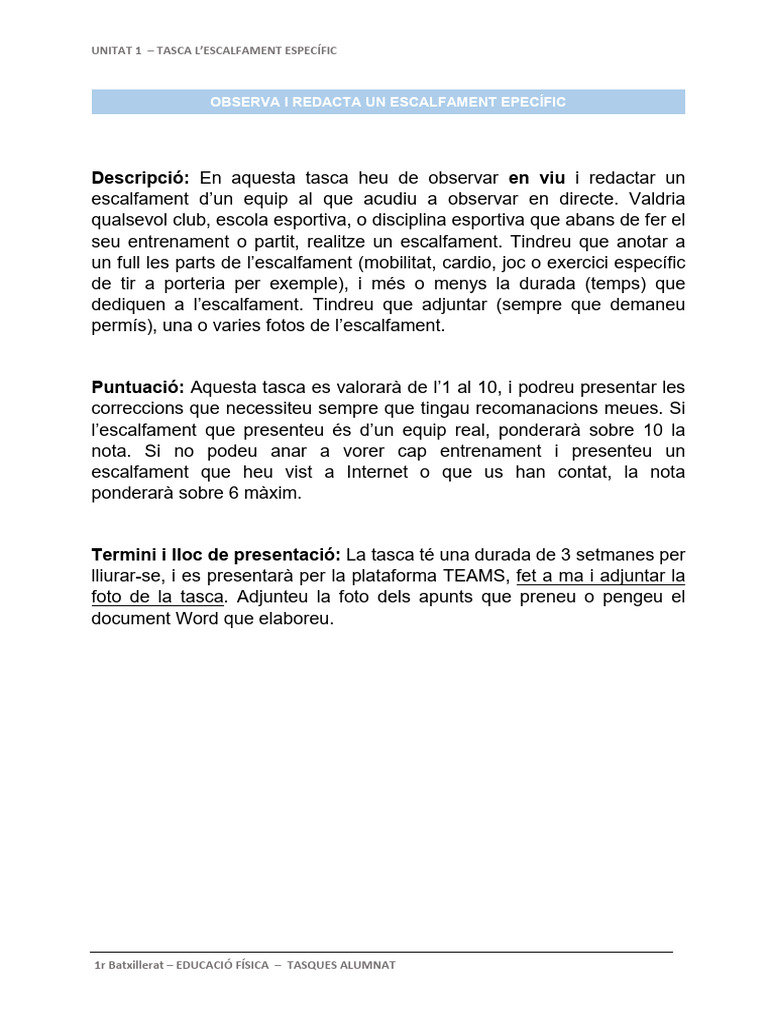 Tasca Escalfament Batxillerat | PDF