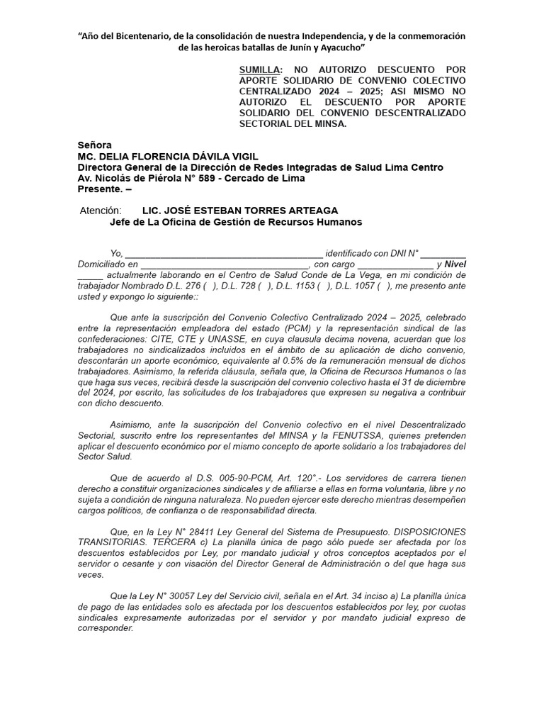 No Autorizo Descuento A Convenio Colectivo Año 2025 | PDF | Sindicato
