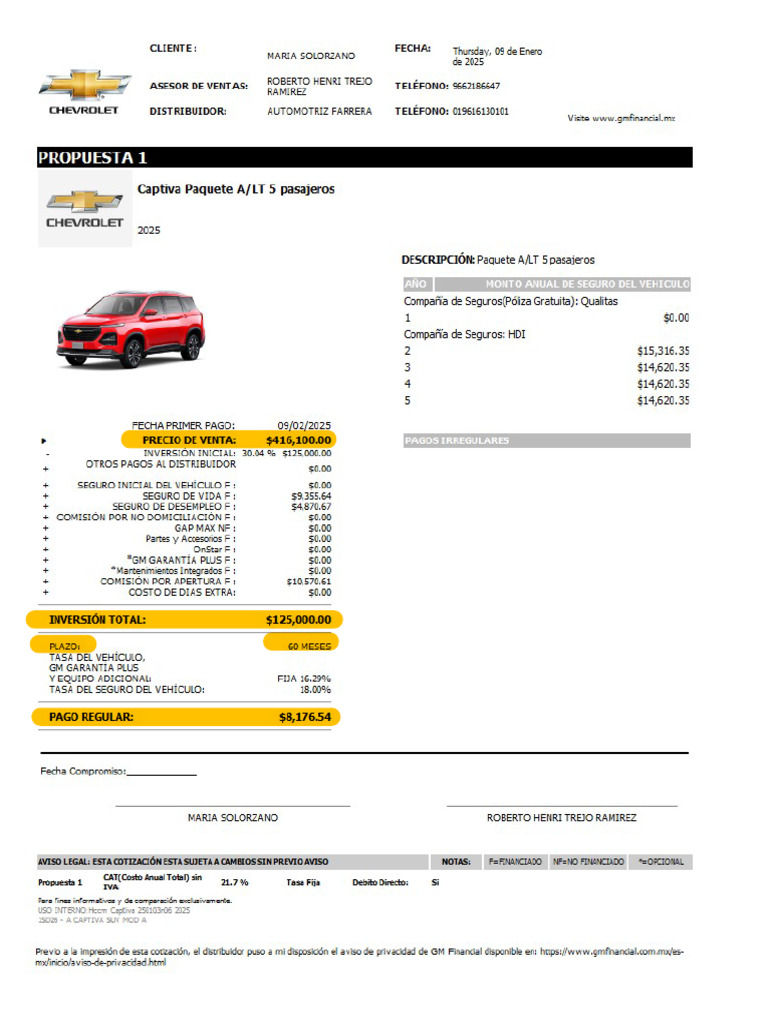 Cotizacion Chevrolet Captiva Ls 2025 30% 60M | PDF