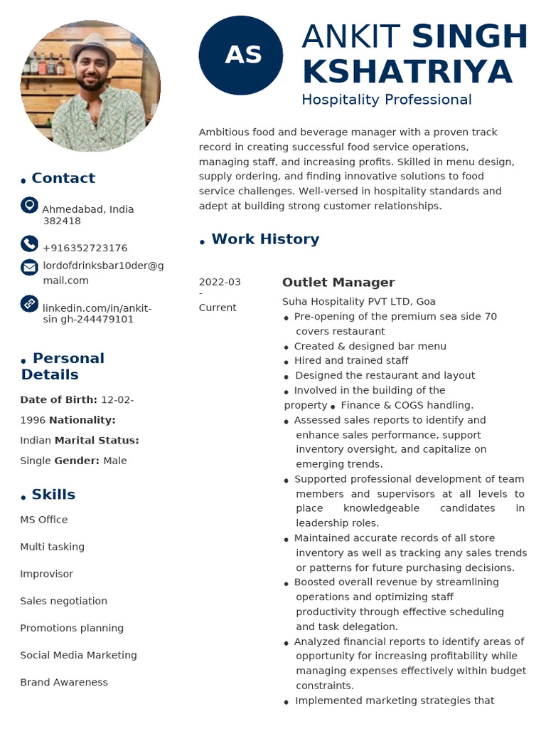 ANKIT SINGHKSHATRIYA Resume | PDF | Inventory | Restaurants