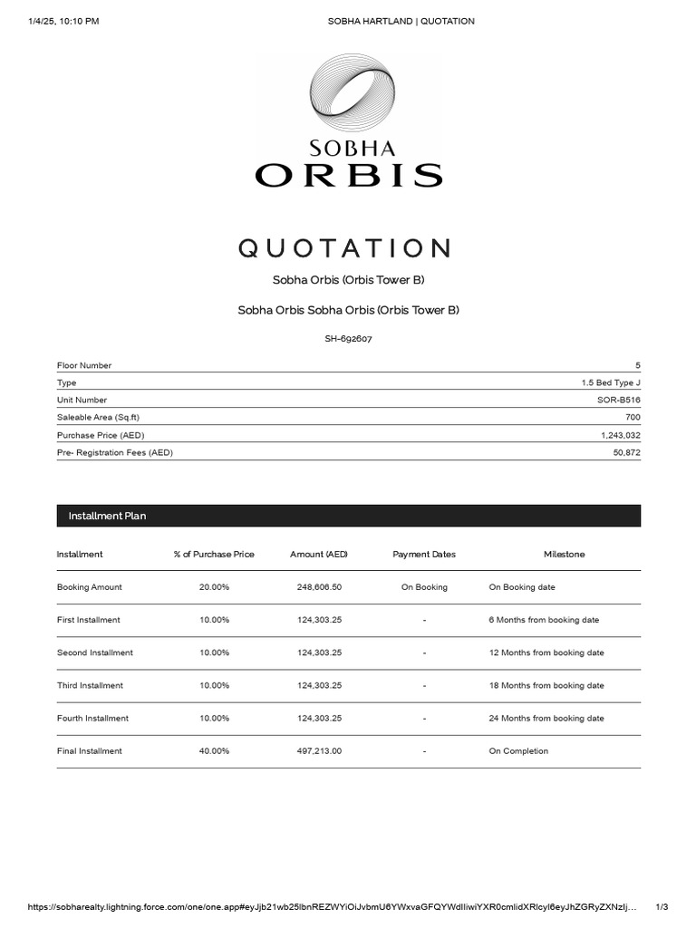 Sobha Orbis-B516 (1+study) | PDF | Payments | Financial Services