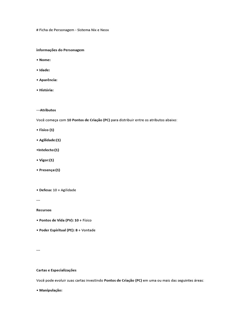 Ficha de Personagem Nix e Neox | PDF