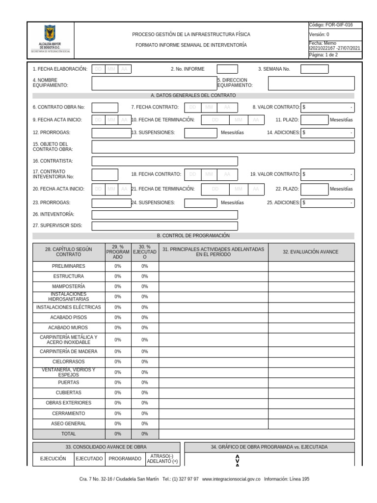 For Gif 016 v0 Informe Semanal de Interventoria | PDF