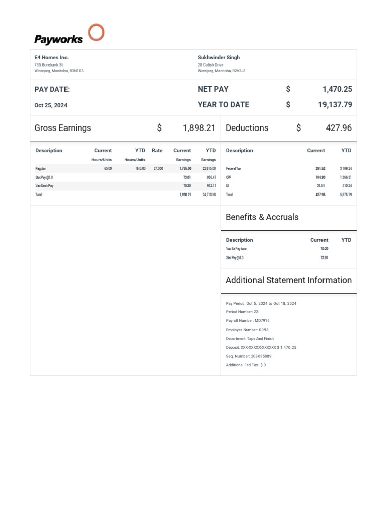 Payroll Statement for Oct 25, 2024 | PDF | Payroll | Taxes
