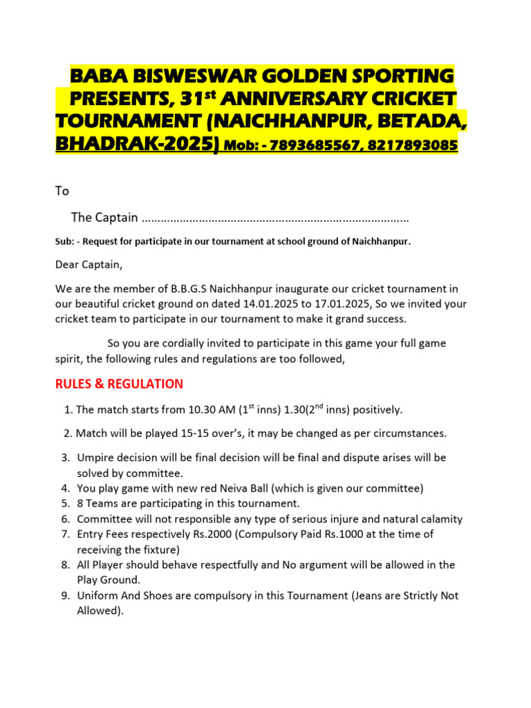 31st Anniversary Cricket Tournament Invite | PDF