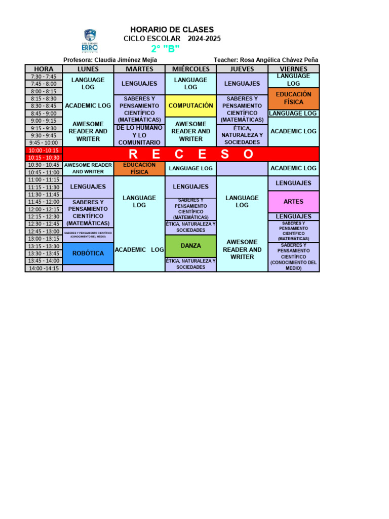 Horario de Clases 2° "B" 2024-2025 | PDF