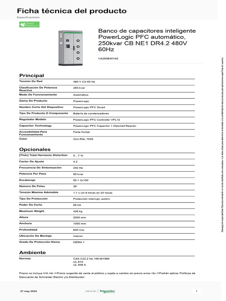 Schneider Electric - PowerLogic-PFC-Capacitor-Banks-UL-CSA - VA250B4014S | PDF | Ingenieria ...
