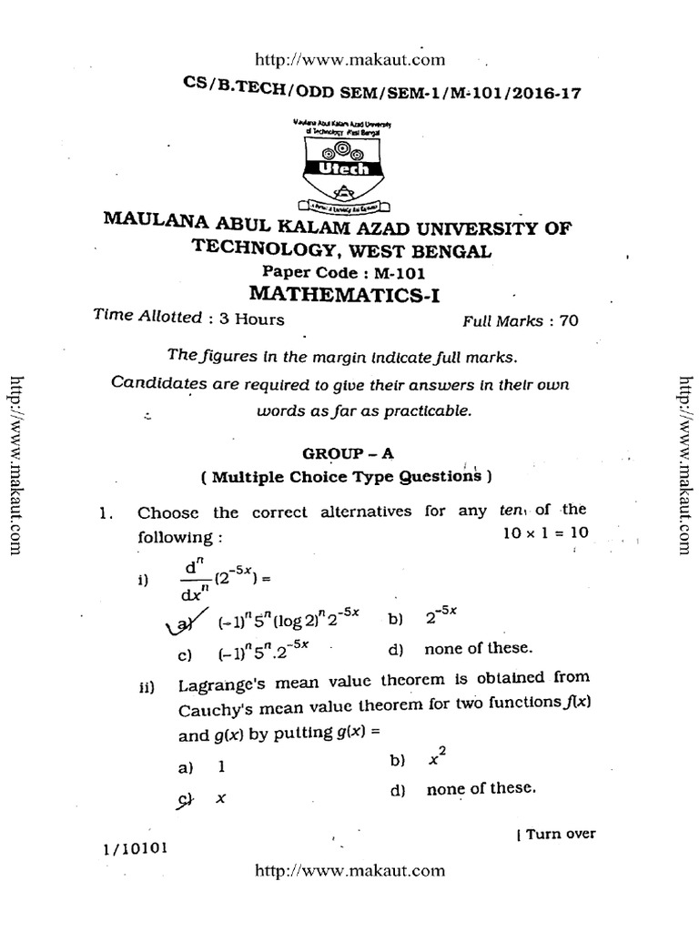 Btech 1 Sem Mathematics 1 M 101 2017 | PDF