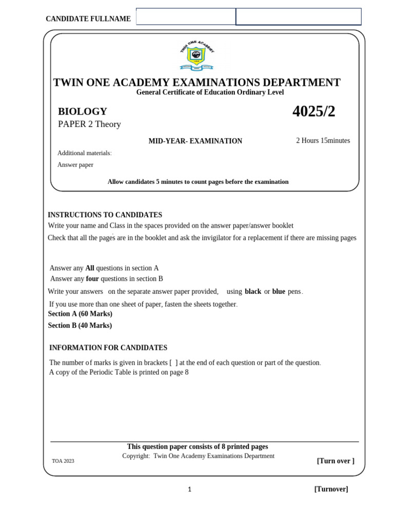 BIOLOGY MID YEAR PAPER 2 | PDF | Homeostasis | Liver