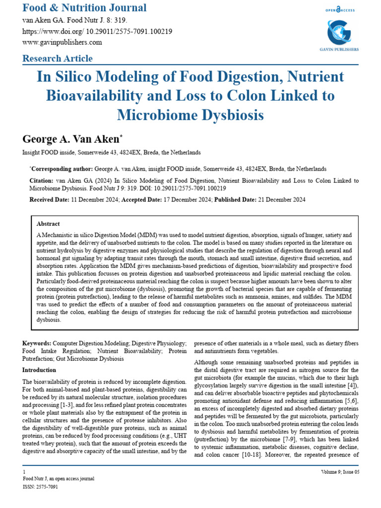 In Silico Modeling of Food Digestion Nutrient Bioavailability and Loss ...