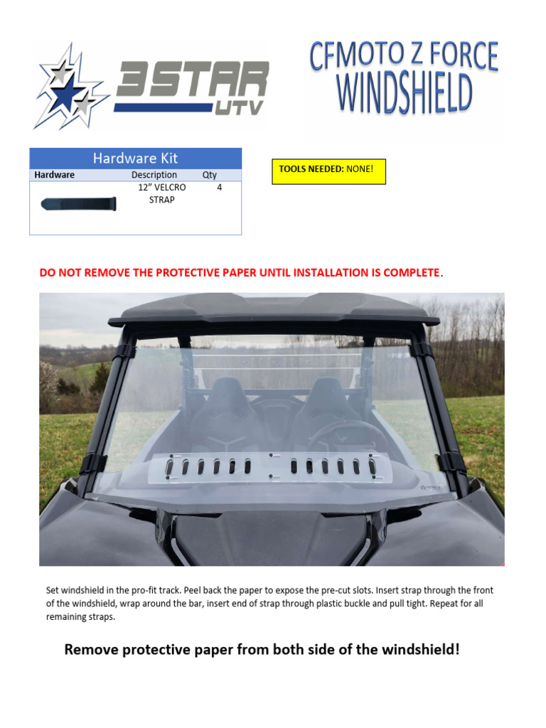 2023_CFMoto_ZForce_800_1_Pc_Windshield_Installation_Instructions | PDF | Solvent | Abrasive