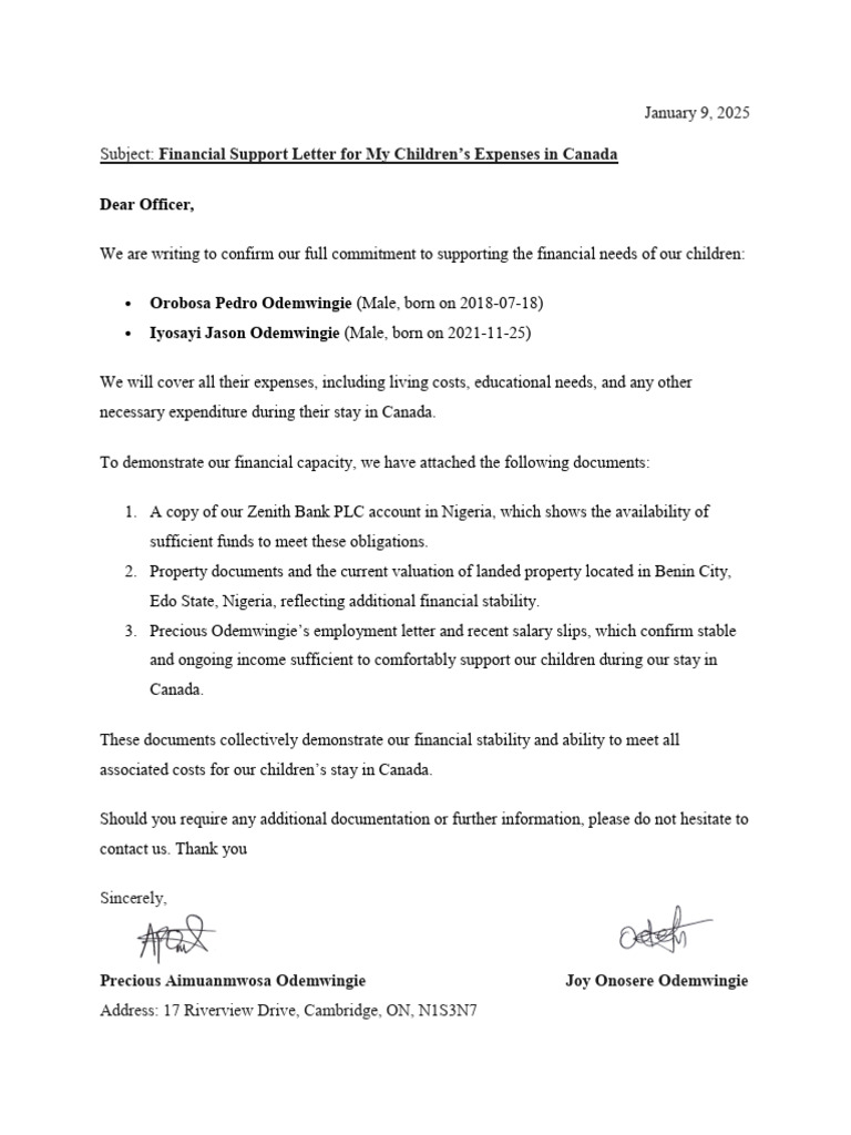 Financial Support Letter for Children | PDF