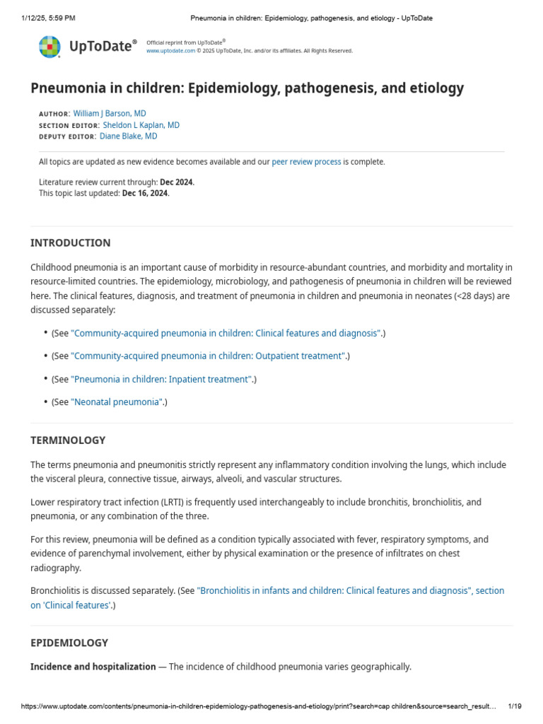 Pneumonia in Children - Epidemiology, Pathogenesis, and Etiology ...
