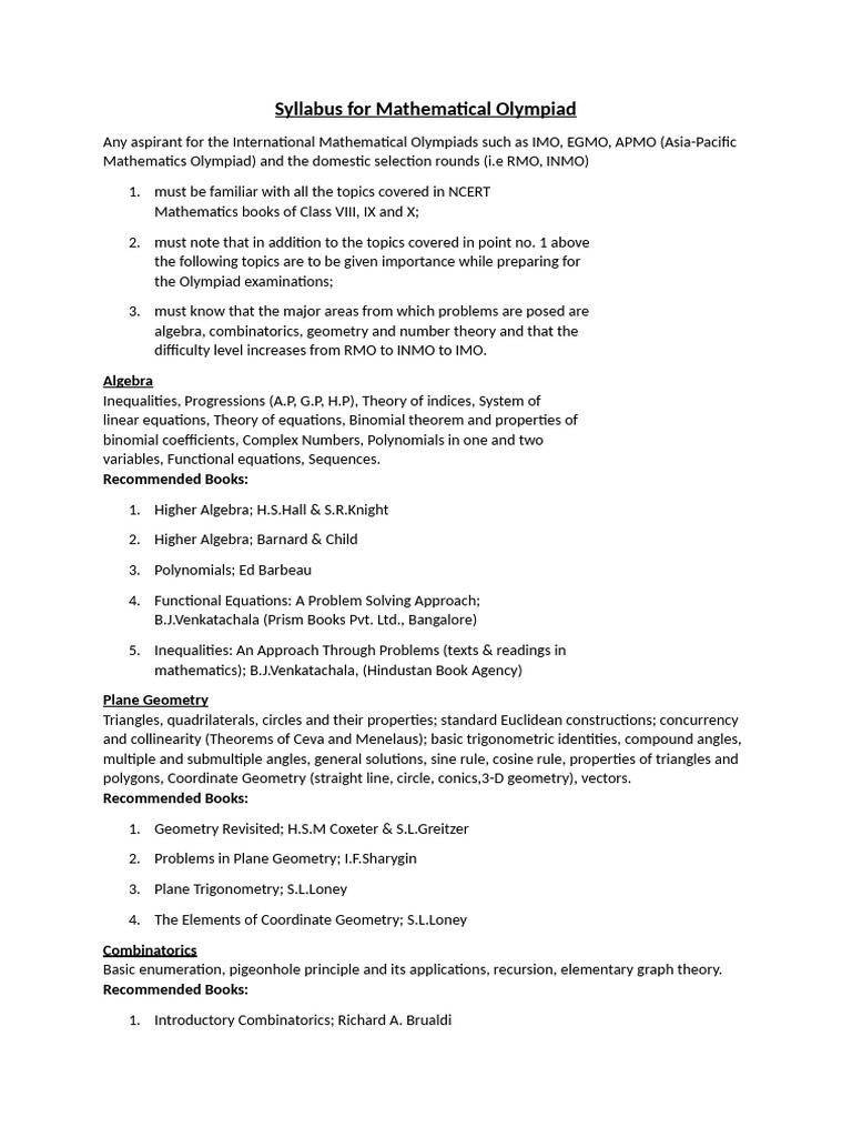 Mathematical Olympiad Syllabus Guide | PDF | Number Theory | Equations