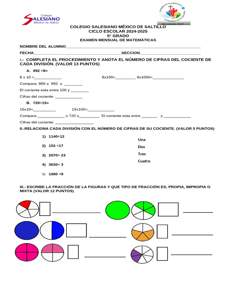 Examen Mensual de Matemáticas 5° Grado | PDF