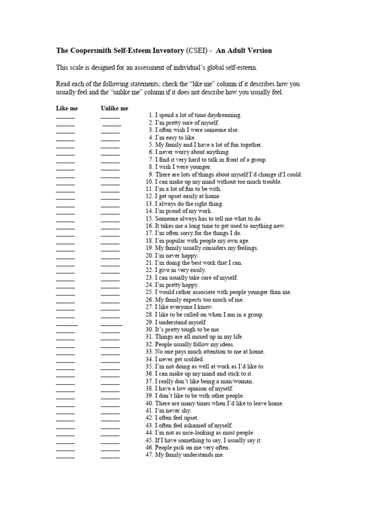 Coopersmith Self-Esteem Inventory for Adults | PDF | Psychology