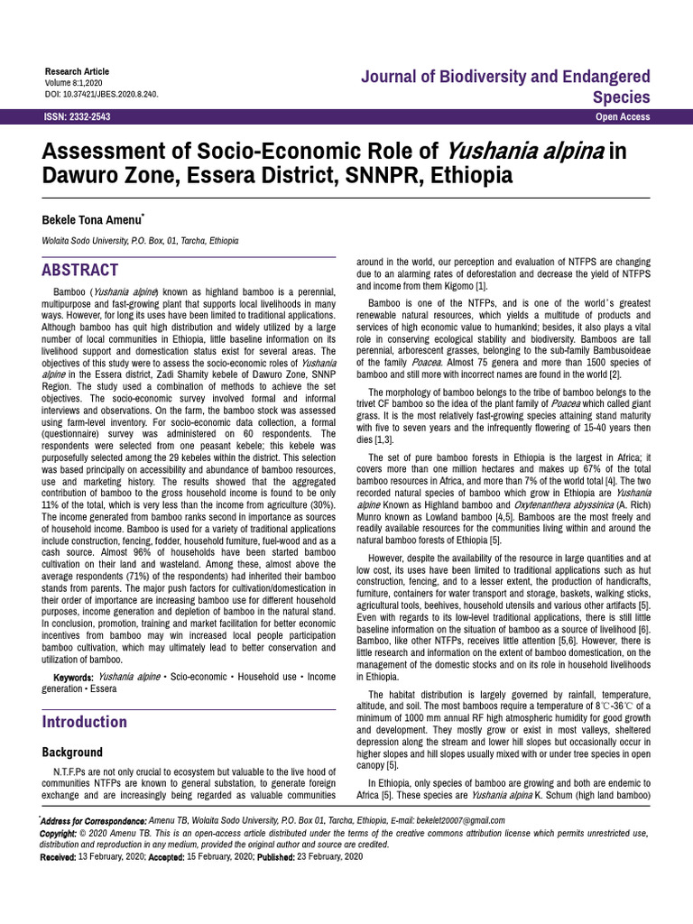 Assessment of Socio-Economic Role of Yushania Alpina in Dawuro Zone ...