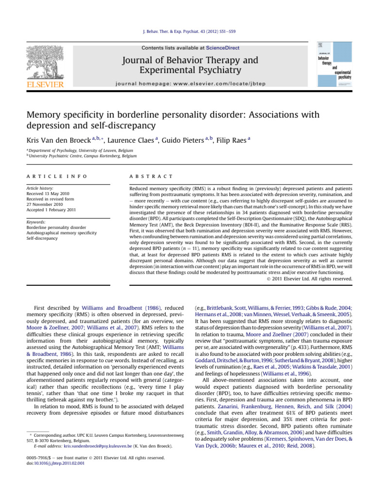 Memory specificity in borderline personality disorderAssociations with depression and ...