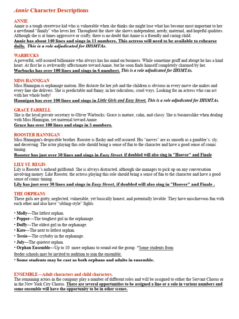 Annie Musical Character Overview | PDF | Annie (Musical) | Musical ...